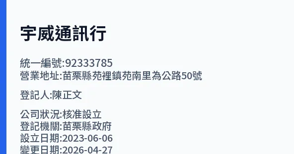 宇威通訊行的照片-統編 92333785(苗栗縣) 公司登記資料與營業項目詳細圖表