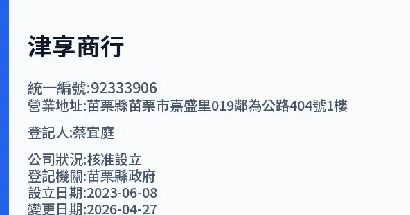津享商行的照片-統編 92333906(苗栗縣) 公司登記資料與營業項目詳細圖表