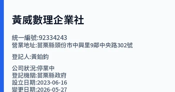 黃威數理企業社的照片-統編 92334243(苗栗縣) 公司登記資料與營業項目詳細圖表
