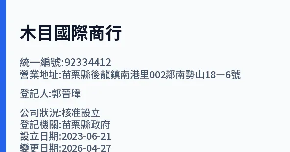 木目國際商行的照片-統編 92334412(苗栗縣) 公司登記資料與營業項目詳細圖表