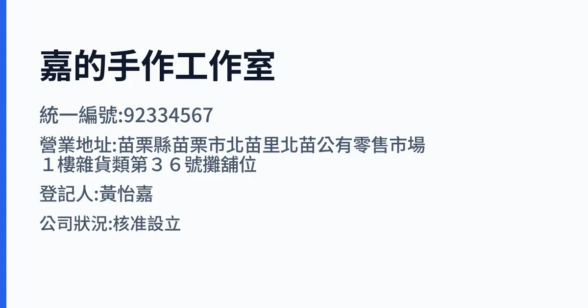 嘉的手作工作室 - 統編 92334567（苗栗縣） 公司登記資料與營業項目詳細圖表