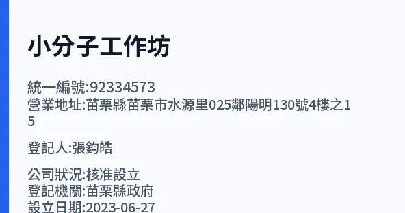 小分子工作坊的照片-統編 92334573(苗栗縣) 公司登記資料與營業項目詳細圖表