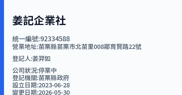 姜記企業社的照片-統編 92334588(苗栗縣) 公司登記資料與營業項目詳細圖表