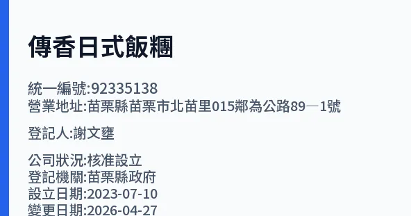 傳香日式飯糰的照片-統編 92335138(苗栗縣) 公司登記資料與營業項目詳細圖表