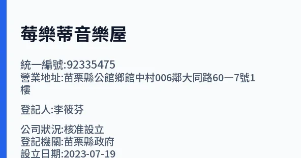 莓樂蒂音樂屋的照片-統編 92335475(苗栗縣) 公司登記資料與營業項目詳細圖表