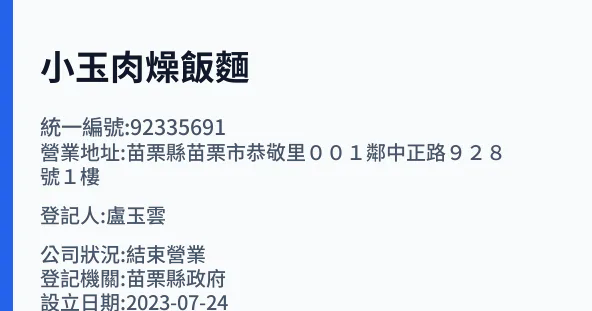 小玉肉燥飯麵的照片-統編 92335691(苗栗縣) 公司登記資料與營業項目詳細圖表
