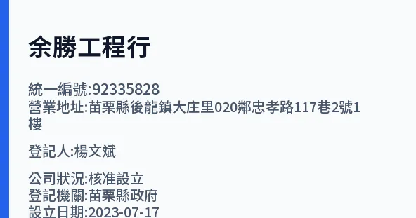 余勝工程行的照片-統編 92335828(苗栗縣) 公司登記資料與營業項目詳細圖表