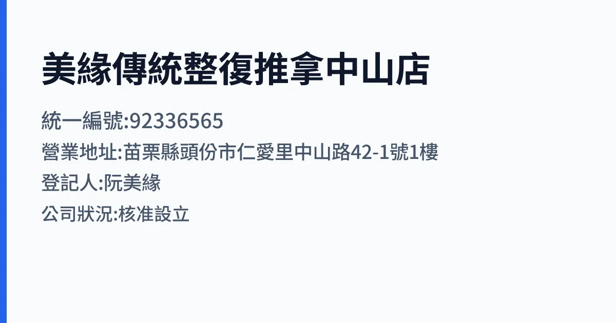 美緣傳統整復推拿中山店 - 統編 92336565(苗栗縣) 公司登記資料與營業項目詳細圖表