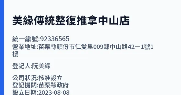 美緣傳統整復推拿中山店的照片-統編 92336565(苗栗縣) 公司登記資料與營業項目詳細圖表
