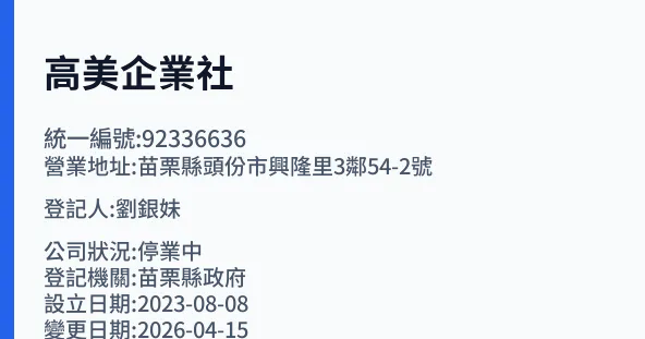 高美企業社的照片-統編 92336636(苗栗縣) 公司登記資料與營業項目詳細圖表