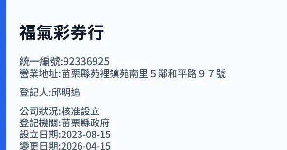 福氣彩券行的照片-統編 92336925(苗栗縣) 公司登記資料與營業項目詳細圖表