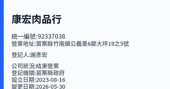 康宏肉品行的照片-統編 92337038(苗栗縣) 公司登記資料與營業項目詳細圖表