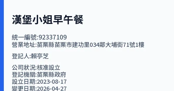 漢堡小姐早午餐的照片-統編 92337109(苗栗縣) 公司登記資料與營業項目詳細圖表