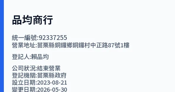 品均商行的照片-統編 92337255(苗栗縣) 公司登記資料與營業項目詳細圖表