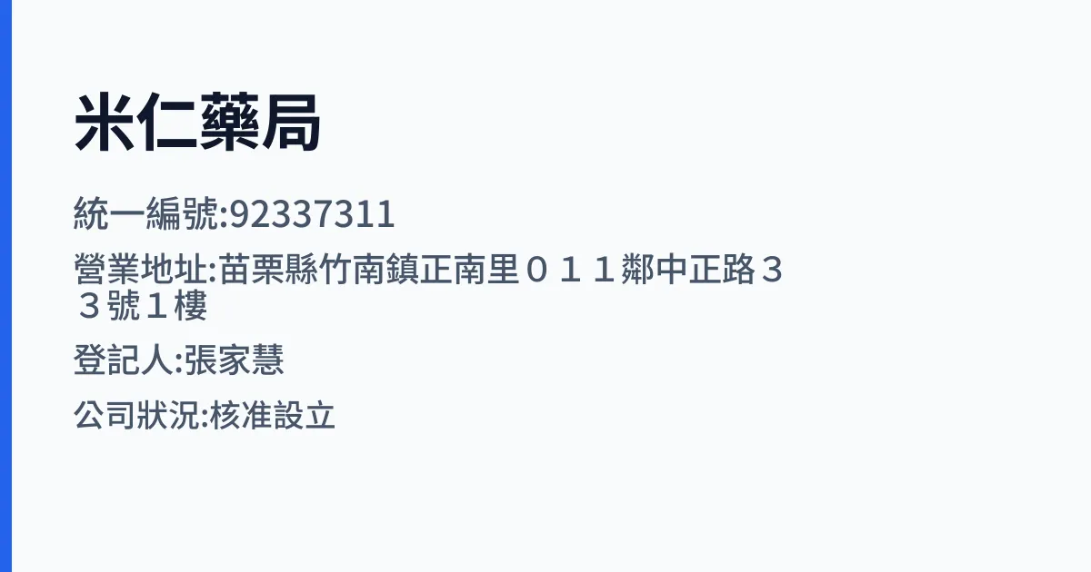 米仁藥局 - 統編 92337311(苗栗縣) 公司登記資料與營業項目詳細圖表