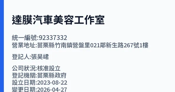 達膜汽車美容工作室的照片-統編 92337332(苗栗縣) 公司登記資料與營業項目詳細圖表