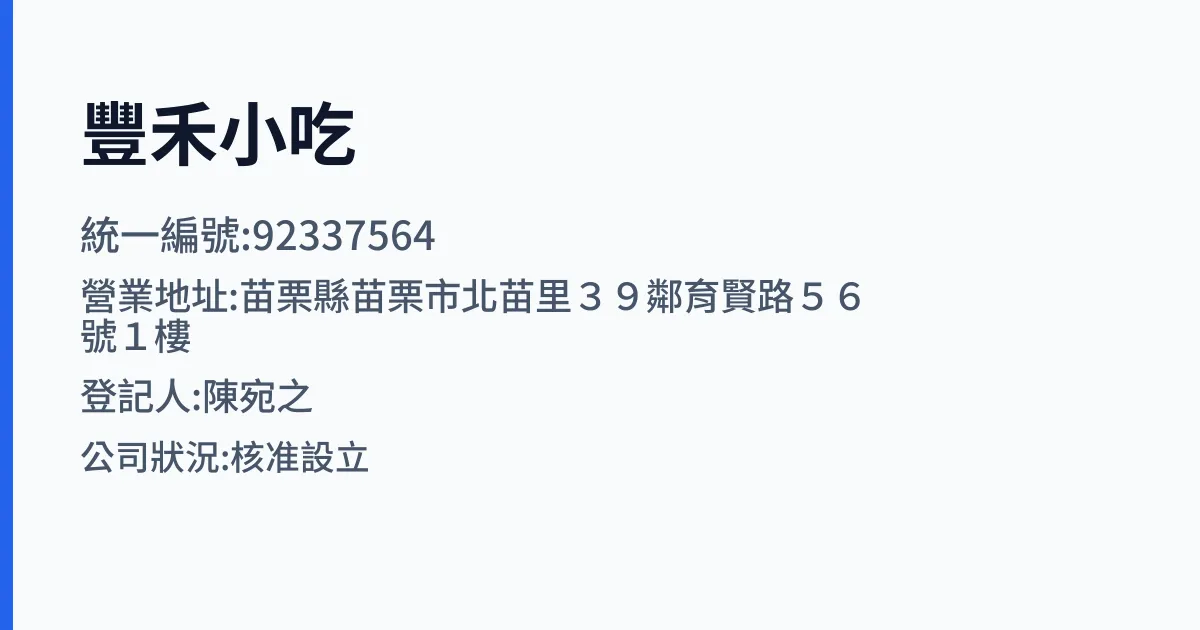 豐禾小吃 - 統編 92337564(苗栗縣) 公司登記資料與營業項目詳細圖表