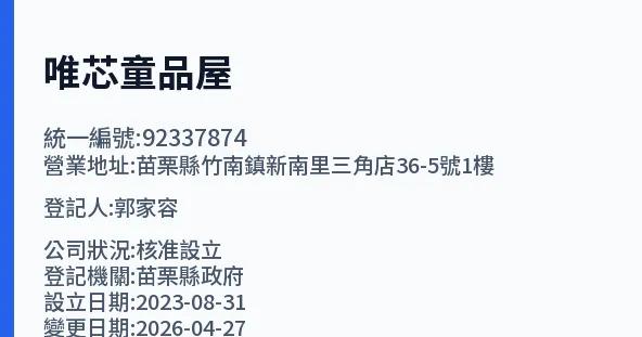 唯芯童品屋的照片-統編 92337874(苗栗縣) 公司登記資料與營業項目詳細圖表