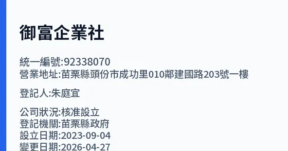 御富企業社的照片-統編 92338070(苗栗縣) 公司登記資料與營業項目詳細圖表