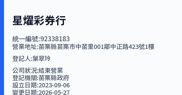 星燿彩券行的照片-統編 92338183(苗栗縣) 公司登記資料與營業項目詳細圖表