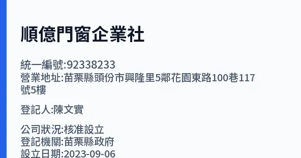 順億門窗企業社的照片-統編 92338233(苗栗縣) 公司登記資料與營業項目詳細圖表