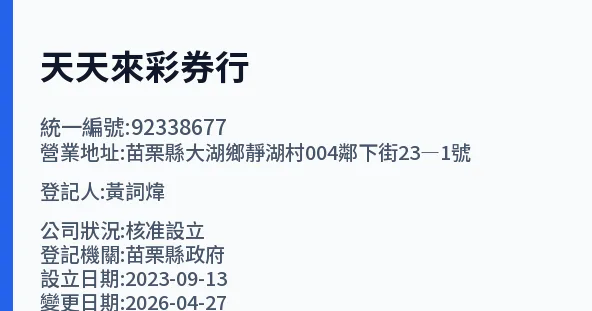 天天來彩券行的照片-統編 92338677(苗栗縣) 公司登記資料與營業項目詳細圖表