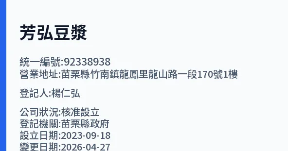 芳弘豆漿的照片-統編 92338938(苗栗縣) 公司登記資料與營業項目詳細圖表