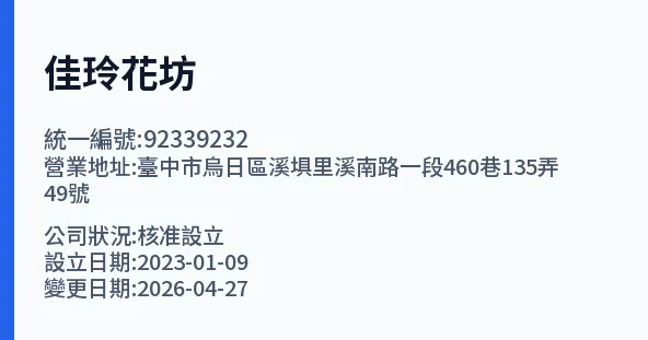 佳玲花坊的照片-統編 92339232(臺中市) 公司登記資料與營業項目詳細圖表