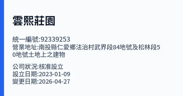 雲熙莊園的照片-統編 92339253(南投縣) 公司登記資料與營業項目詳細圖表