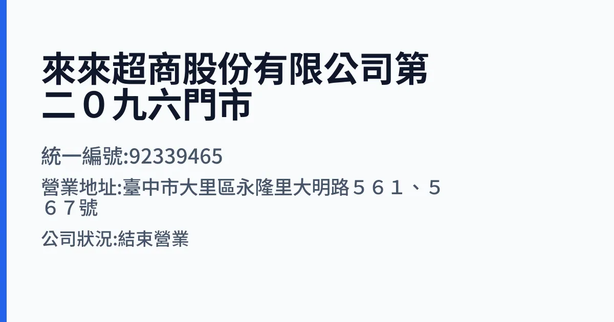 來來超商股份有限公司第二０九六門市 - 統編 92339465(臺中市) 公司登記資料與營業項目詳細圖表