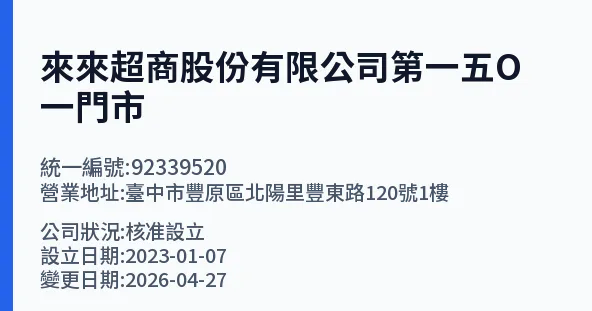 來來超商股份有限公司第一五O一門市的照片-統編 92339520(臺中市) 公司登記資料與營業項目詳細圖表