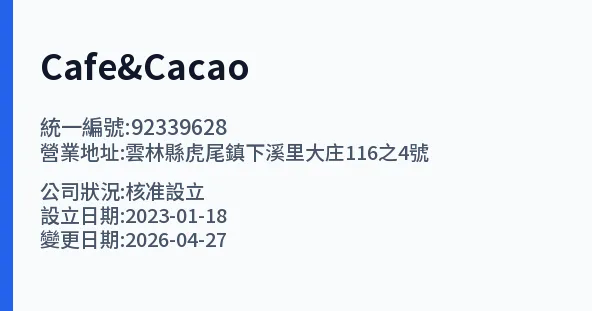 Cafe&Cacao的照片-統編 92339628(雲林縣) 公司登記資料與營業項目詳細圖表