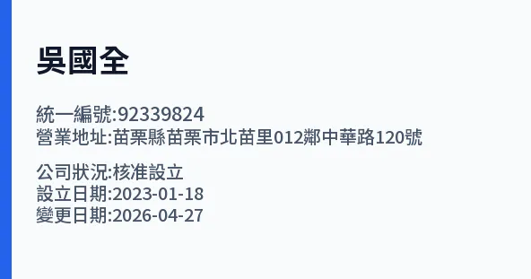 吳國全的照片-統編 92339824(苗栗縣) 公司登記資料與營業項目詳細圖表