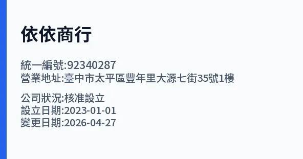 依依商行的照片-統編 92340287(臺中市) 公司登記資料與營業項目詳細圖表