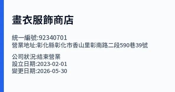 畫衣服飾商店的照片-統編 92340701(彰化縣) 公司登記資料與營業項目詳細圖表