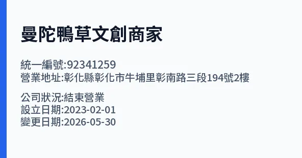 曼陀鴨草文創商家的照片-統編 92341259(彰化縣) 公司登記資料與營業項目詳細圖表