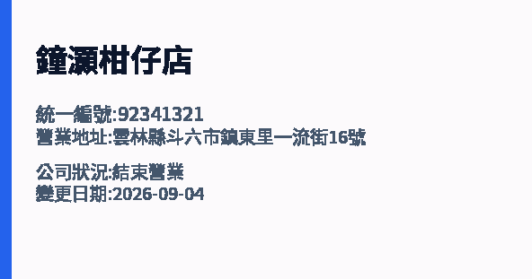鐘灝柑仔店的照片-統編 92341321(雲林縣) 公司登記資料與營業項目詳細圖表