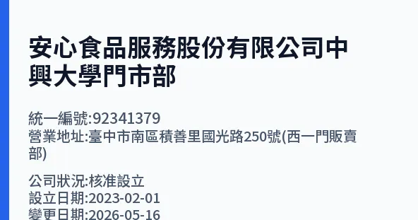 安心食品服務股份有限公司中興大學門市部的照片-統編 92341379(臺中市) 公司登記資料與營業項目詳細圖表
