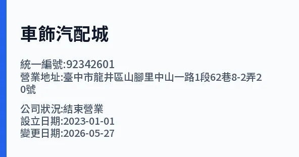 車飾汽配城的照片-統編 92342601(臺中市) 公司登記資料與營業項目詳細圖表