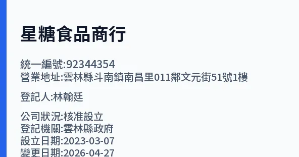星糖食品商行的照片-統編 92344354(雲林縣) 公司登記資料與營業項目詳細圖表