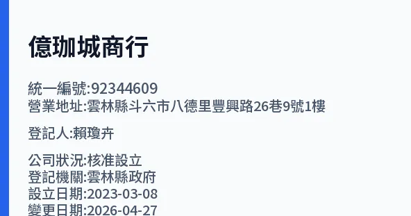 億珈城商行的照片-統編 92344609(雲林縣) 公司登記資料與營業項目詳細圖表