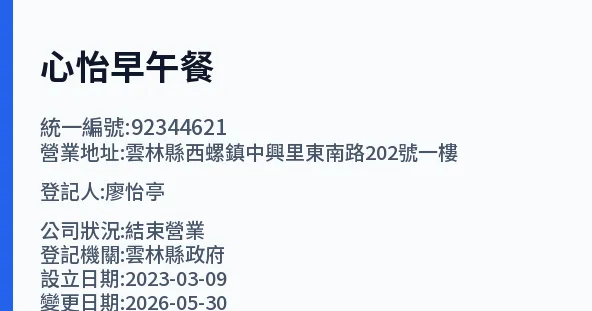 心怡早午餐的照片-統編 92344621(雲林縣) 公司登記資料與營業項目詳細圖表