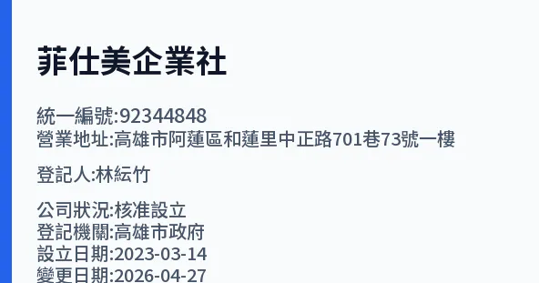 菲仕美企業社的照片-統編 92344848(高雄市) 公司登記資料與營業項目詳細圖表