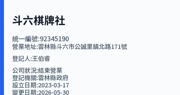 斗六棋牌社的照片-統編 92345190(雲林縣) 公司登記資料與營業項目詳細圖表