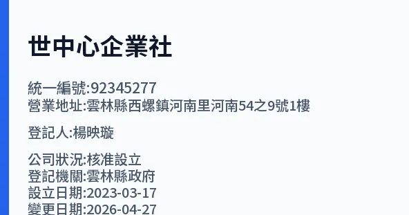 世中心企業社的照片-統編 92345277(雲林縣) 公司登記資料與營業項目詳細圖表