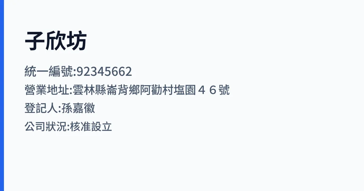 子欣坊 - 統編 92345662(雲林縣) 公司登記資料與營業項目詳細圖表