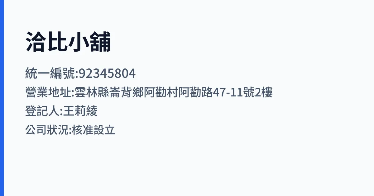 洽比小舖 - 統編 92345804(雲林縣) 公司登記資料與營業項目詳細圖表