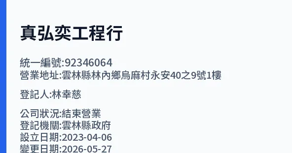真弘奕工程行的照片-統編 92346064(雲林縣) 公司登記資料與營業項目詳細圖表