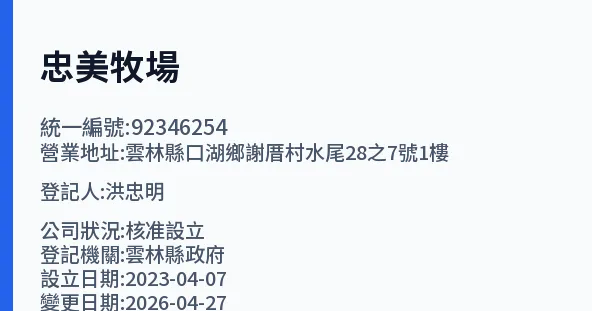 忠美牧場的照片-統編 92346254(雲林縣) 公司登記資料與營業項目詳細圖表