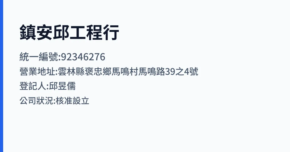 鎮安邱工程行 - 統編 92346276(雲林縣) 公司登記資料與營業項目詳細圖表